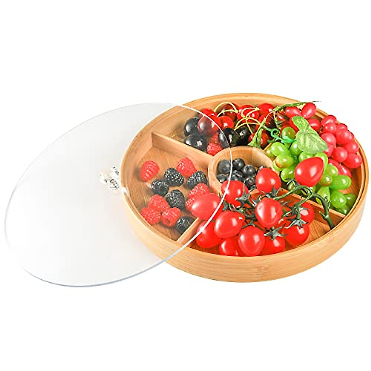 Hedume Bamboo Nuts Storage Platter Tray, Food Serving Tray with 5 Dining Grids, 12 Inches Dessert Fruit Veggie Food Serve Plate Tray for Party, Family Dinner, Holiday and Home Warming