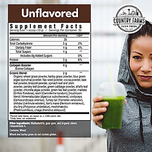 COUNTRY FARMS Collagen Peptides Powder with Greens Dietary Powder Supplement (Type I, III) for Skin Hair Nail and Joints, Dairy/Gluten/Sugar Free, Energizing Superfoods, 21.2 Oz, 60 Servings