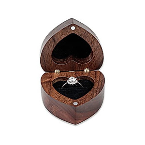 Wood Ring Box Heart Shaped Velvet Soft Interior Holder Jewelry Handmade Wooden Presentation Box Jewelry Chest Organizer Earrings Coin Case for Proposal Engagement Wedding Ceremony Birthday Gift
