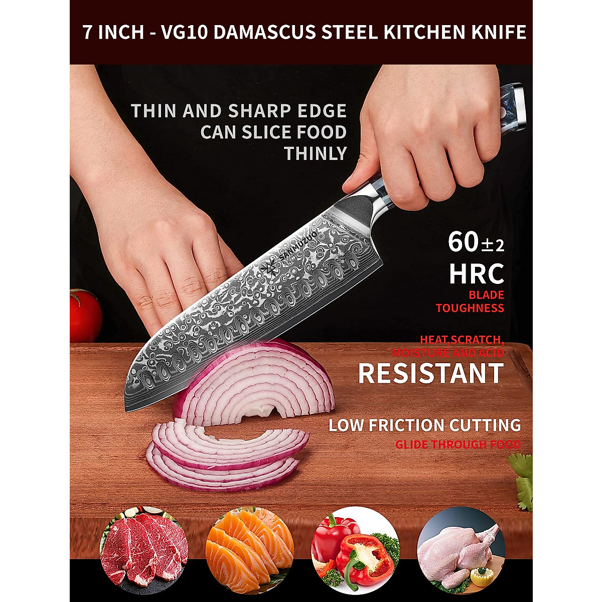 SANMUZUO Santoku Knife - 7 inch - Xuan Series - VG10 Damascus Steel Kitchen Knife - Resin Handle (Starry Black)