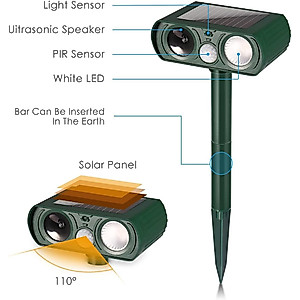 Animal Repellent Solar Powered Ultrasonic Animal Repellent Motion Sensor and Flashing Light Outdoor Weatherproof Farm Garden Lawn for Cat Dog Coyote Bird Skunk Snake Raccoon Rabbit Squirrel (1 Pack)