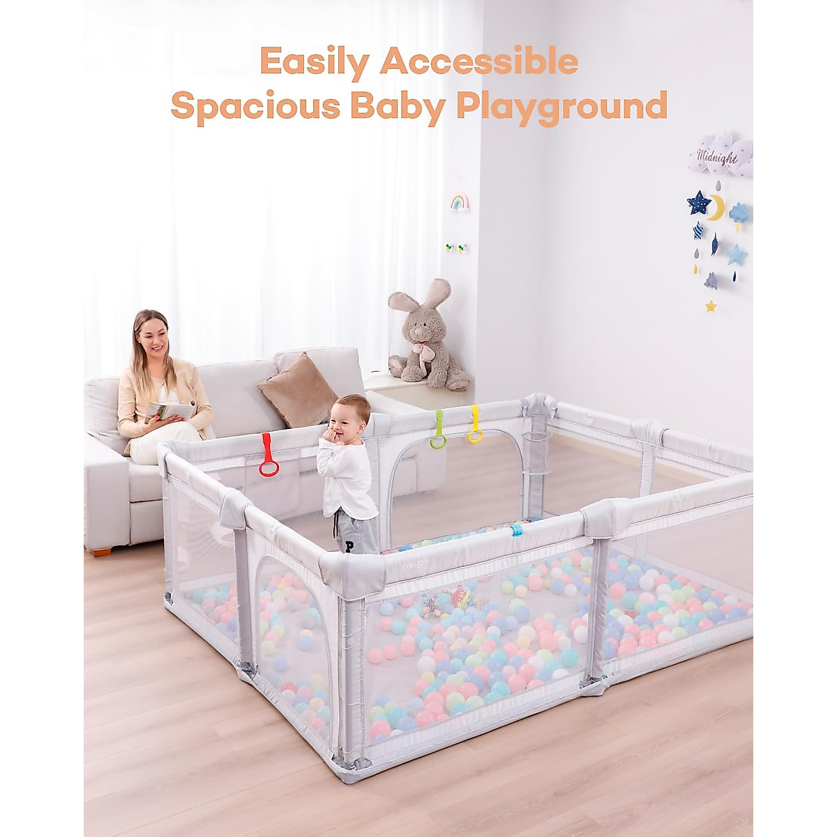 Baby Playpen Playard Foldable, Extra Large Playpen for Babies and Toddlers, Safe Sturdy Baby Fence Play Area with Gate, Removable Bottom, 79 x 59 x 27 Inches, Grey