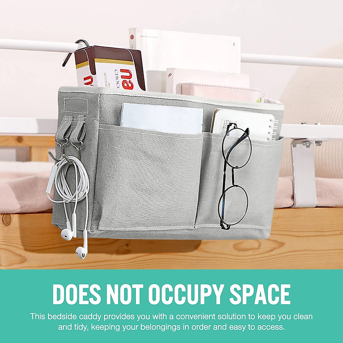 Ndeno Bedside Caddy Storage Bag Hanging Pocket Organizer for Bunk and Hospital Beds Crib,Dorm Rooms Bed Rails for Remotes Mobile Phone Keys, Glasses, Books (Dark Grey)