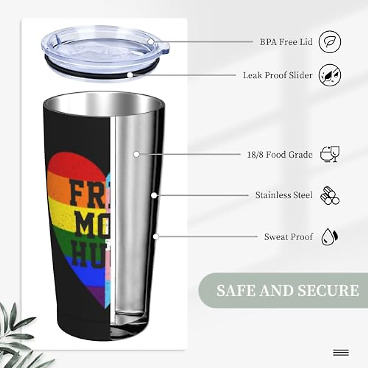 QIANGLAI LGBTQ-Pride-Awareness-Free-Ally-Hugs Stainless Steel Insulated Drinking Sport Cup Coffee Mug 20 Ounce with Lids and Straws