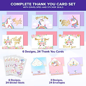 Decorably Thank You Cards with Envelopes & Stickers, Gold-Foiled Kid Cards, 24 Pack Unicorn Thank You Cards, Blank Inside Unicorn Thank You Cards Kids Birthday, 6x4in Kid Thank You Cards Kids