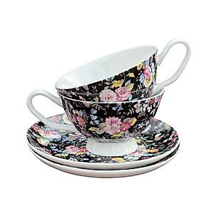 Gracie Bone China Black Petite Rose Teacup And Saucer 8-Ounce (Set of 2)
