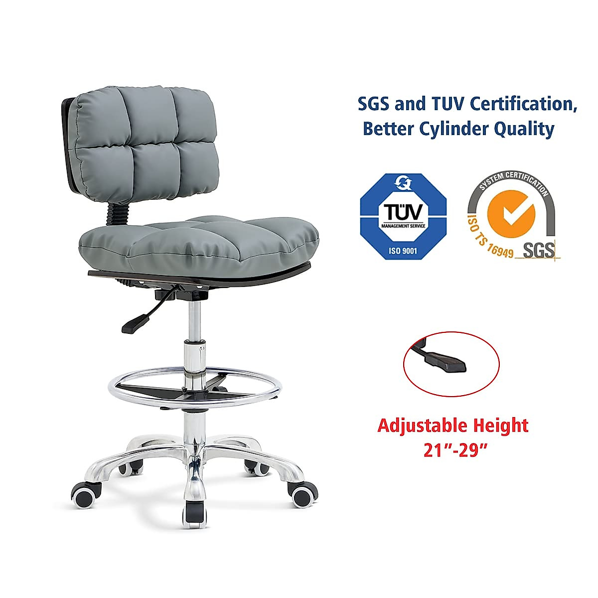 Antlu Adjustable Workbench Stool Esthetician Lash Chair,Drafting Tall Office Chair Counter Height Office Chairs,Rolling Shop Guitar Vanity Stool with Wheels (Gray)