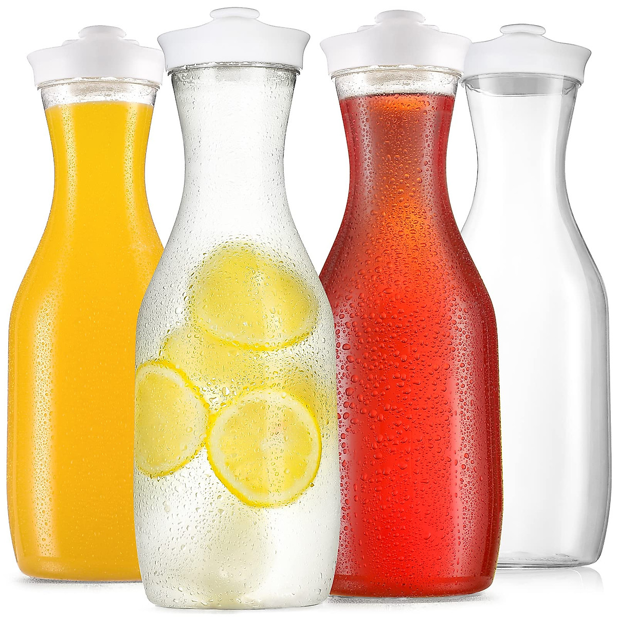 NETANY 50 Oz Water Carafe with Flip Top Lid, Clear Plastic Pitcher Jug, 4 Pack Juice Containers, BPA Free - for Water, Iced Tea, Juice, Lemonade, Milk, Cold Brew, Mimosa Bar —HAND WASH ONLY