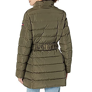 Tommy Hilfiger Women Fur Long Puffer Hooded Belt at Waist Jacket, Juniper, Small