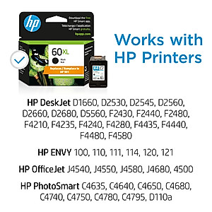 Original HP 60XL Black High-yield Ink Cartridge | Works with DeskJet D1660, D2500, D2600, D5560, F2400, F4200, F4400, F4580; ENVY 100, 110, 120; PhotoSmart C4600, C4700, D110a Series | CC641WN