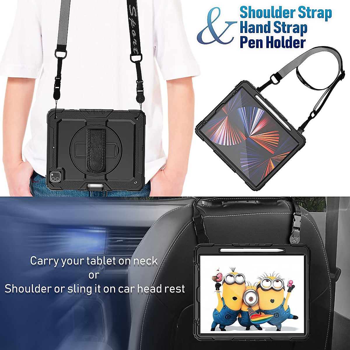 Timecity Protective Case for iPad Pro 12.9 inch 6th/ 5th/ 4th/ 3rd Generation, with Strong Protection, Screen Protector, Hand/Shoulder Strap, Rotating Stand, Pencil Holder - Black