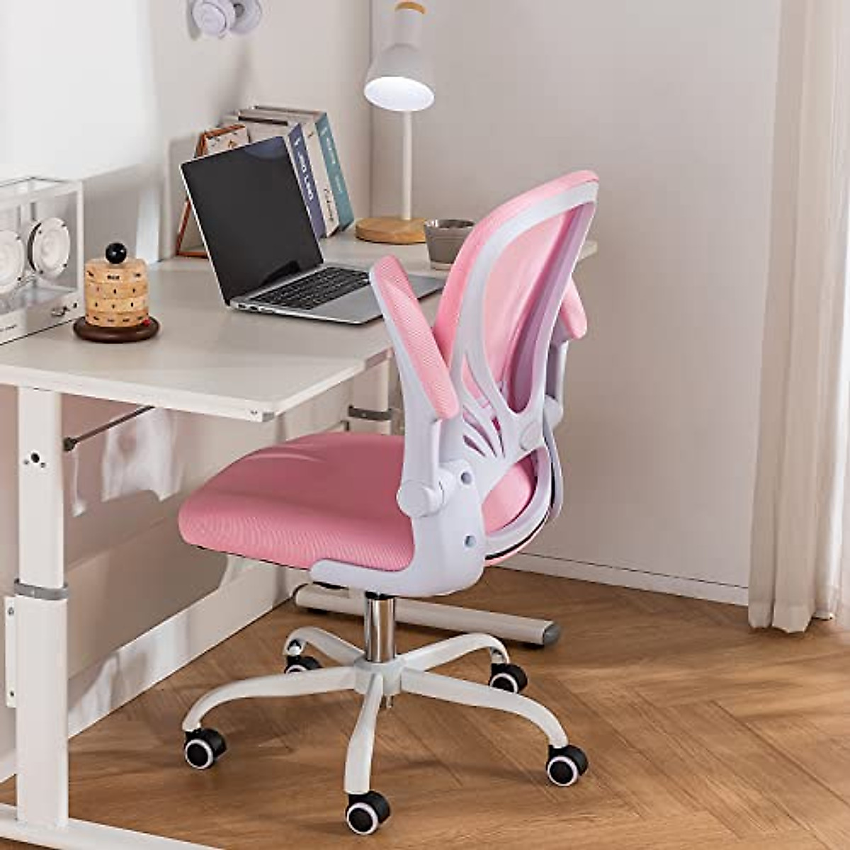 Hramk Office Chair Mid Back Swivel Desk Chair with Flip-up Arms, Breathable Mesh Computer Chair, Lumbar Support Task Chair with Wheels, Height Adjustable (Pink)
