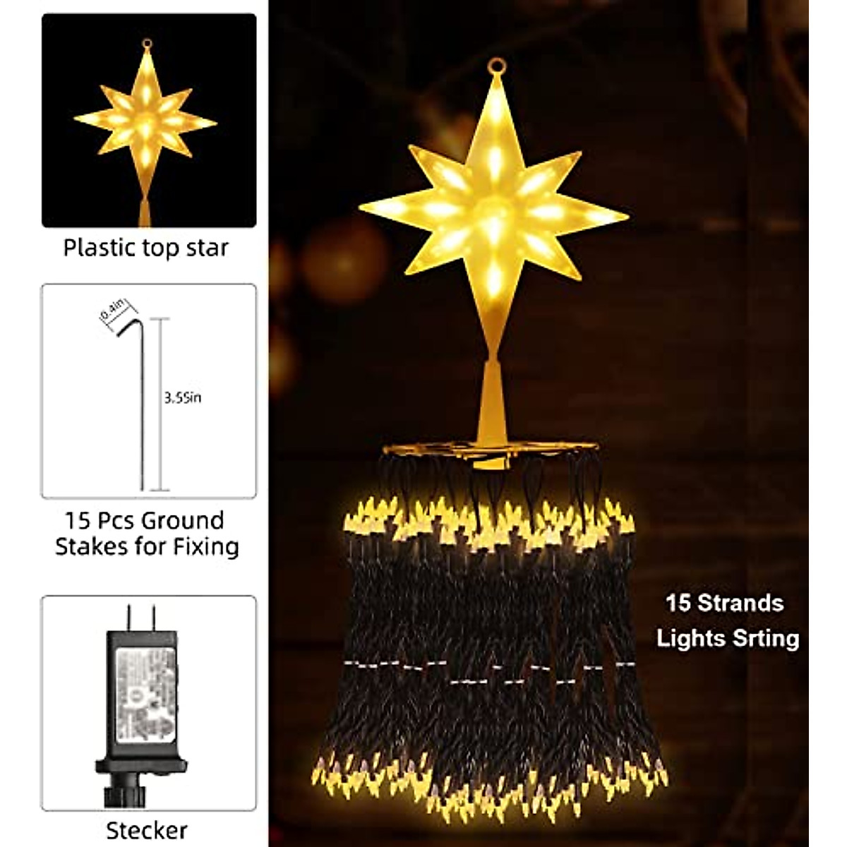 Christmas Tree Light with Star Topper, 10.5ft x15 Lines String Lights, 322 LED Christmas Curtain Fairy Lights with 8 Lighting Modes, for Xmas Tree Indoor Outdoor Party Garden Decor, Warm White
