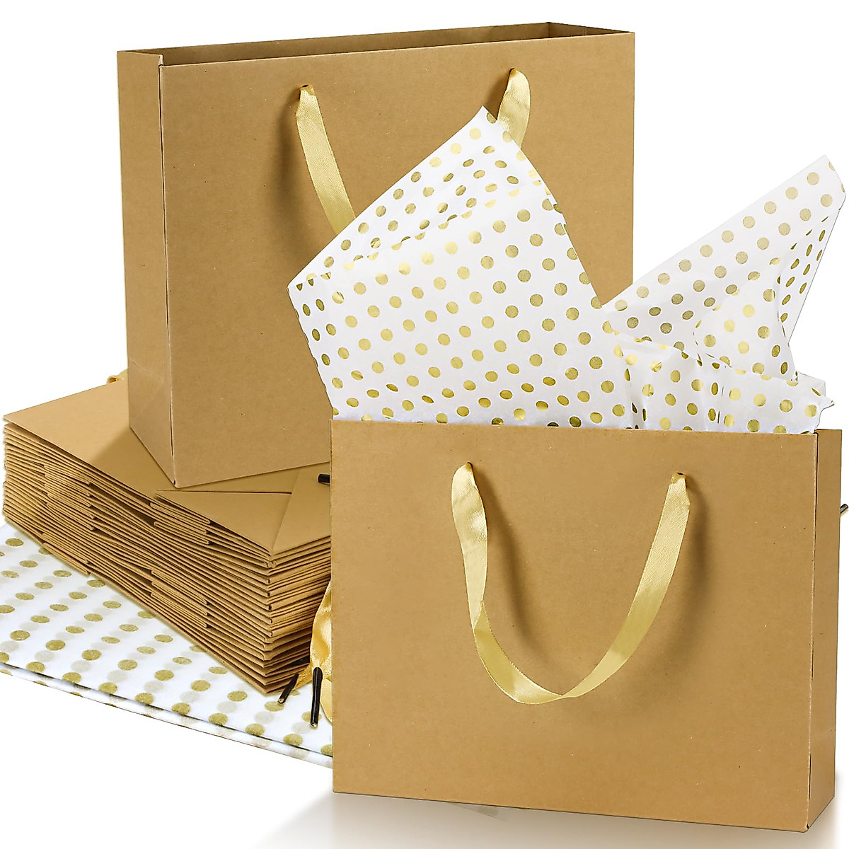 Rcybeo 15 Pack 10.6x3.1x8.3 Inch Brown Gift Bags, Kraft Paper Bags with Tissue Paper, Brown Paper Bag with Ribbon Handles for Retail, Grocery, Boutique, Wedding, Birthday, Party Supplies and Gifts