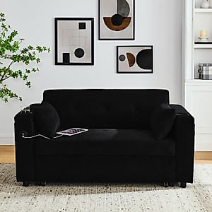 Linique 54'' Convertible Pull-Out Sleeper Sofa Bed with USB Power Outlet, Chenille Upholstered Sleeper Sofabed with Adjustable Backrest/Side Pockets/Cup Holders/Lumbar Pillows (Black)