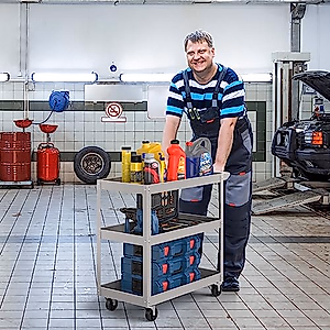 IRONMAX 3-Tier Utility Service Cart, 400 Lbs Heavy Duty Metal Trolley Rolling Cart w/Ergonomic Flat Handle, Lockable 360°Swivel Wheels, Chic Mechanic Tool Cart for Garage Warehouse & Repair Shop