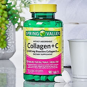 Revitalize Your Skin's Elasticity and Achieve a Radiant Complexion with Spring Valley's Highly Absorbable Collagen + C Tablets, 2,500mg, 90 Count. Includes Luall Fridge Magnetic