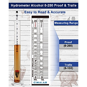 Cimalab Hydrometer Alcohol Meter, Hydrometer Alcohol 0-200 Proof and Tralle Alcohol Hydrometer, Alcohol Proof Tester Hydrometer, Alcohol Tester for Liquor/Moonshine/Spirits/Proofing/Distilled