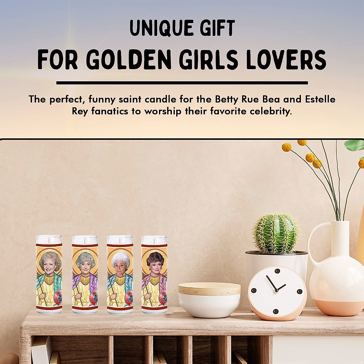 Golden Girls - Set of 4 - Blanche Rose Dorothy and Sophia - Celebrity Prayer Candles- Saint Candles - Betty Rue Bea & Estelle Votive Candle - Handmade USA - Celeb Comedy TV Show Gift.