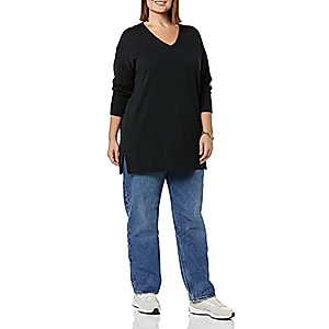 Amazon Essentials Women's Lightweight Long-Sleeve V-Neck Tunic Sweater (Available in Plus Size), Black, Large