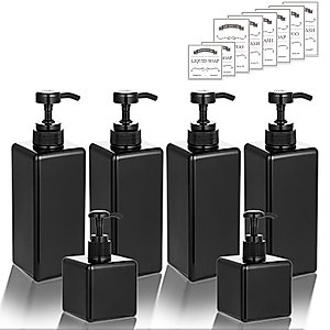 Amorettise 6 Pack Shampoo and Conditioner Dispenser Bottles, 4 Pack 22 Oz & 2 Pack 8 Oz Refillable Square Plastic Pump Bottles for Dispensing Lotions, Shampoo, Conditioner, and Body Wash (Black)