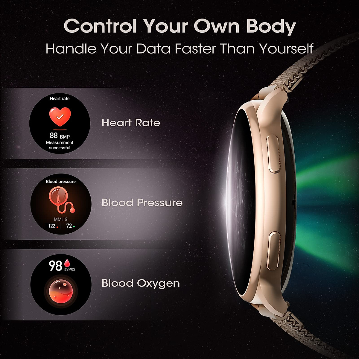 Smart Watch for Women(Answer/Make Calls), 1.3'' AMOLED Bluetooth Smartwatch for Android Phones iPhone Compatible, IP68 Outdoor Fitness Tracker with Heart Rate, Blood Pressure, SpO2 Monitor, Watch Gold