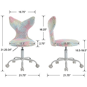 Guyou Cute Fuzzy Desk Chair for Kids/Girls/Boys, Mermaid Kids Study Chair Fluffy Children’s Swivel Chair with Wheels and Adjustable Height for Computer/Bedroom/Study Room Reading (Light Colorful)