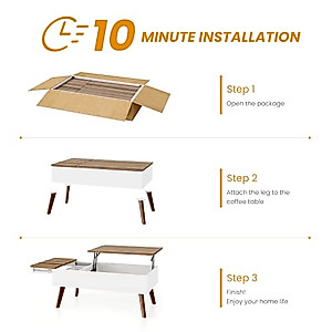 Bidiso Lift Top Coffee Table, Ten Minute Install Coffee Table Center Table with Hidden Storage Compartments, Rising Tabletop Dining Table Coffee Table for Living Room，Walnut