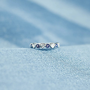 KIFUTENG Evil Eye Ring, 925 Sterling Silver Zirconia Heart Blue Evil Eye Ring Band for Women Lucky Statement Jewelry Gifts Size 5-10 (Silver, 7)