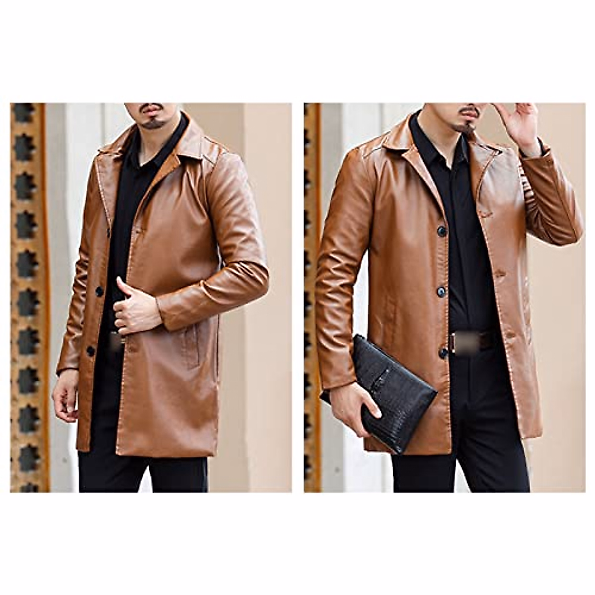 Maiyifu-GJ Men's PU Leather Trench Coat Classic Faux Leather Slim Fit Overcoat Winter Fleece Lapel Windbreaker Jacket (Khaki,Large)