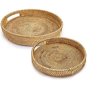 Hipiwe Rattan Serving Tray with Handles Handmade Woven Basket Tray Home Decorative Organizer Tray, Breakfast, Tea, Snack, Fruit, Coffee Storage Tray, Set of 2 (Round)