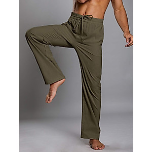 PASLTER Mens Casual Linen Pants Loose Fit Straight-Legs Elastic Drawstring Waist Summer Beach Yoga Long Pants