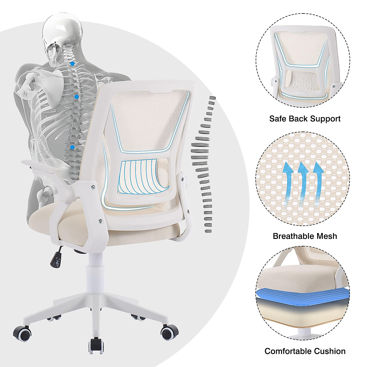 VECELO Mid-Back Swivel Ergonomic Office Chair with Adjustable Arms Mesh Lumbar Support for Computer Task Work, Beige