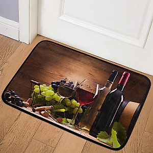 DJYQBFA Glasses of Red and White Wine Floor Mats Kitchen Durable Floor Mat Soft Quick Absorbent Grapes Wooden Area Rug for Home Office Sink Laundry 16 x 24 Inches