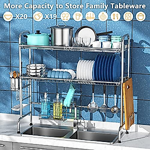 KETAZERO Over The Sink Dish Drying Rack, 2 Tier Stainless Steel Dish Drainer Rack with Cutting Board Holder Help You Save More Counter Space