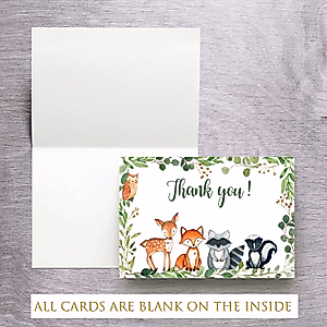 50 Woodland Thank You Cards, 4x6" Forest Animals Greenery Thank You Notes with Matching Green Envelopes & Stickers, Woodland Creatures Notecards Perfect for Woodland Baby Shower and Birthday Party