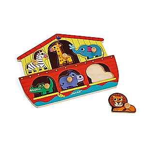 Janod 6 Piece Noah’s Ark Puzzle Themed Wooden Peg Colorful Jigsaw Puzzle - Encourages Shape Recognition, Dexterity, and Language Development - Preschool Kids and Toddlers 18 Months+