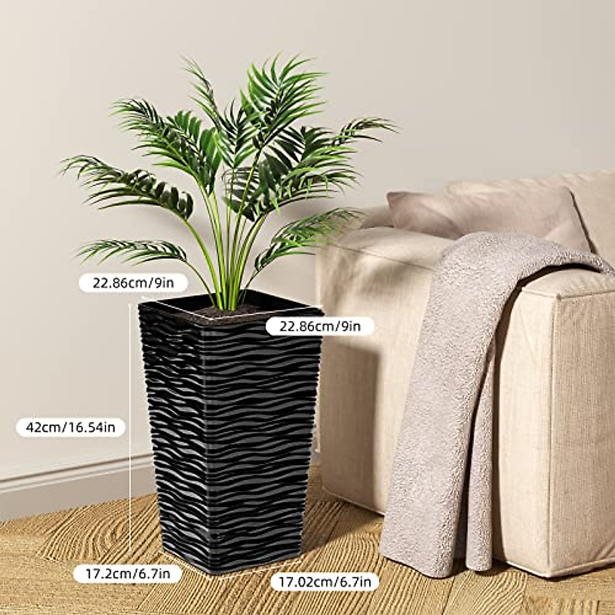 QCQHDU 2 Pack Tall Planters,16.5 Inch Square Tapered Flower Pots Outdoor Indoor Tree Planter, Modern Wavy Finish Decorative Planters for Front Porch Home Garden Patio (Black)…