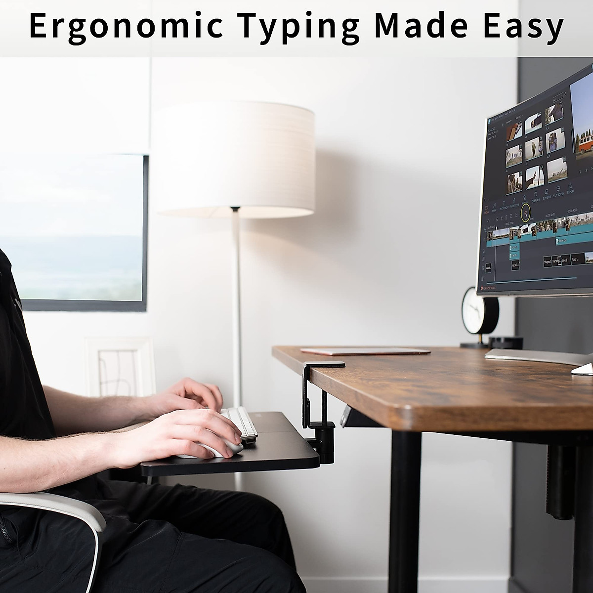 VIVO Clamp-on Rotating Computer Keyboard and Mouse Tray, Swiveling 25 x 10 inch Platform with Extra Sturdy Single Desk Clamp, Ergonomic Typing, Black, MOUNT-KB01CB
