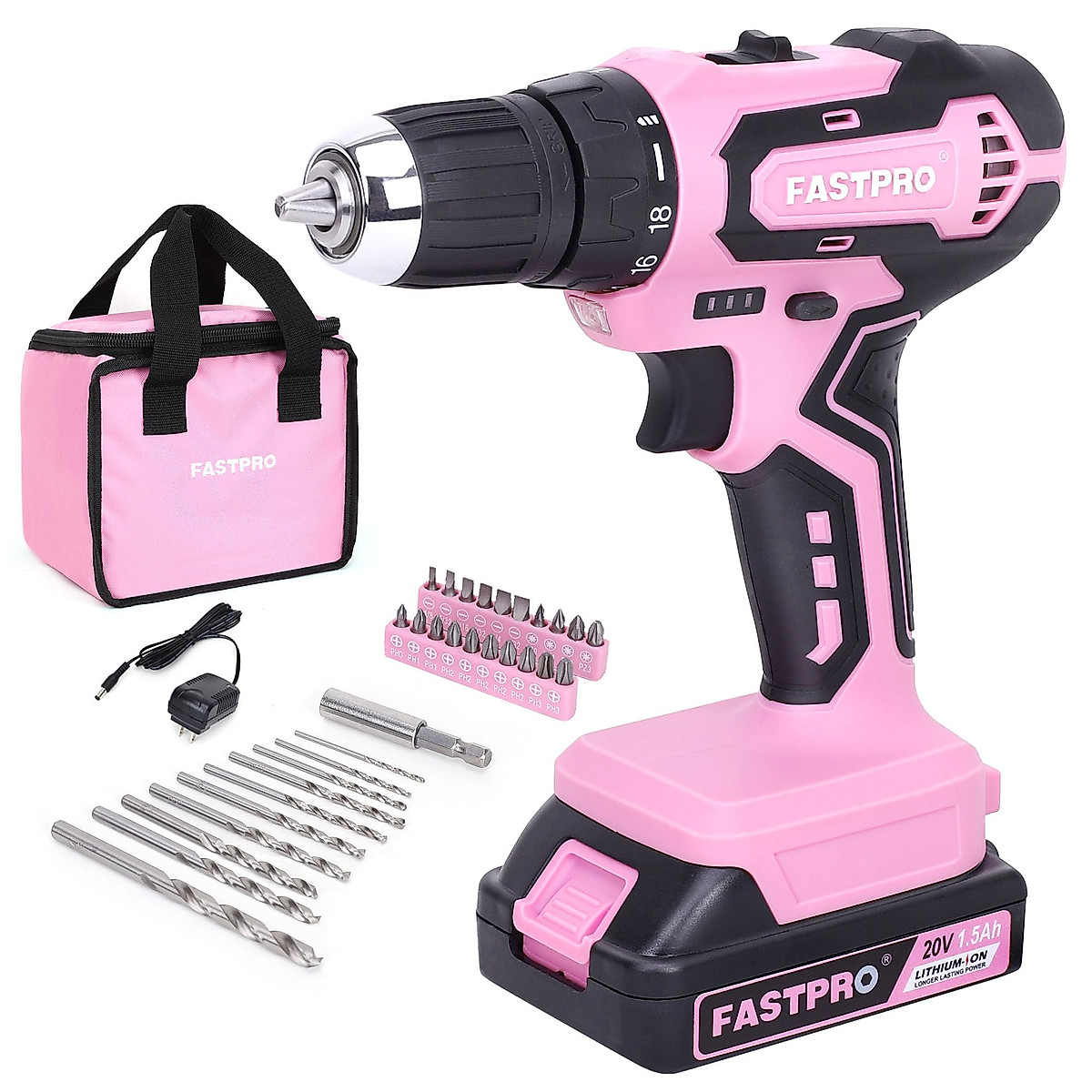 FASTPRO Pink Drill Set—20V Max Lithium-ion Cordless Drill Driver Set, 3/8 in. Drill Driver kit with One 1.5 Ah Batteries, Charger and Tool Bag