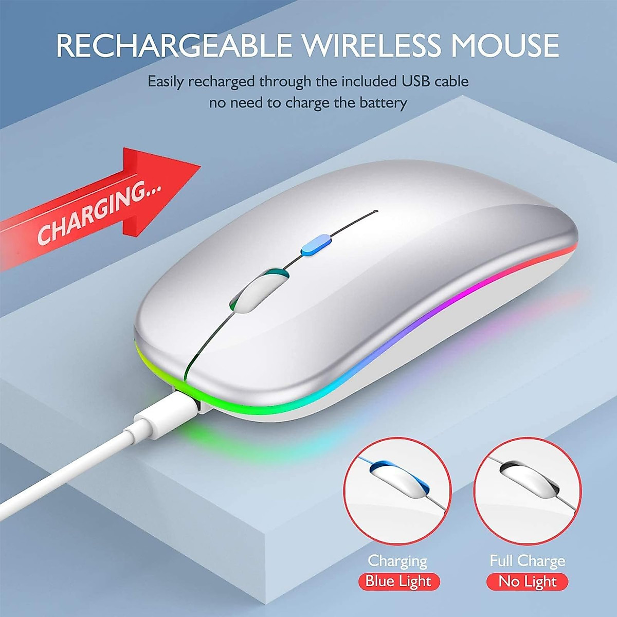 Atrasee Dual Mode LED Wireless Bluetooth Mouse for Laptop, Slim Rechargeable RGB Computer Mice (USB 2.4G + Bluetooth 5.1), Ergonomic PC Gaming Mouse w/ 3 Adjustable DPI, for Laptop MacBook Pro, White
