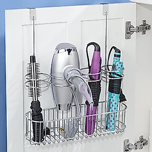 mDesign Metal Over Door Bathroom Hair Care & Styling Tool Organizer Storage Basket for Hair Dryer, Flat Irons, Curling Wands, Hair Straighteners - Hang Inside/Outside Cabinet Doors - Chrome