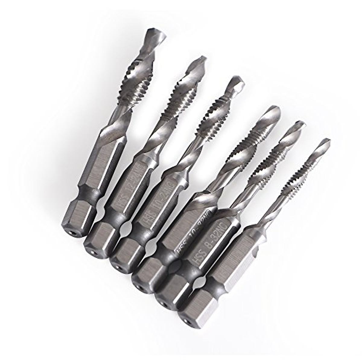 6Pcs Hex Shank HSS 4341 Combination Drill and Tap Bit Set Drill Bit & Screw Tap Deburr Countersink Bit 6-32NC 8-32 NC 10-32 NC 10-24 NC 12-24 NC 1/4-20 NC, Set of 6 (Silver HSS 4341)