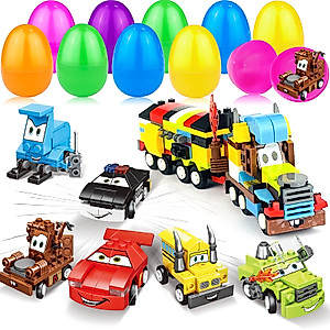 12 Pack 3" Large Filled Easter Eggs with Stem Toy Cars Kids Easter Basket Stuffers Plastic Surprise Egg Building Blocks 6 in 1 Transform Construction Vehicle Easter Toy Boys Girl Egg Hunt