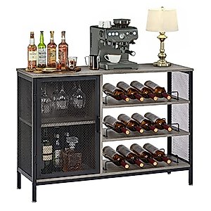 CuisinSmart Wine Rack Table with Glass Holder, Wine Bar Cabinet with Storage and 3-Tier Detachable Wine Rack, Coffee Bar Table Liquor Cabinet for Bar, Buffet, Living Room, Kitchen, Rustic Brown