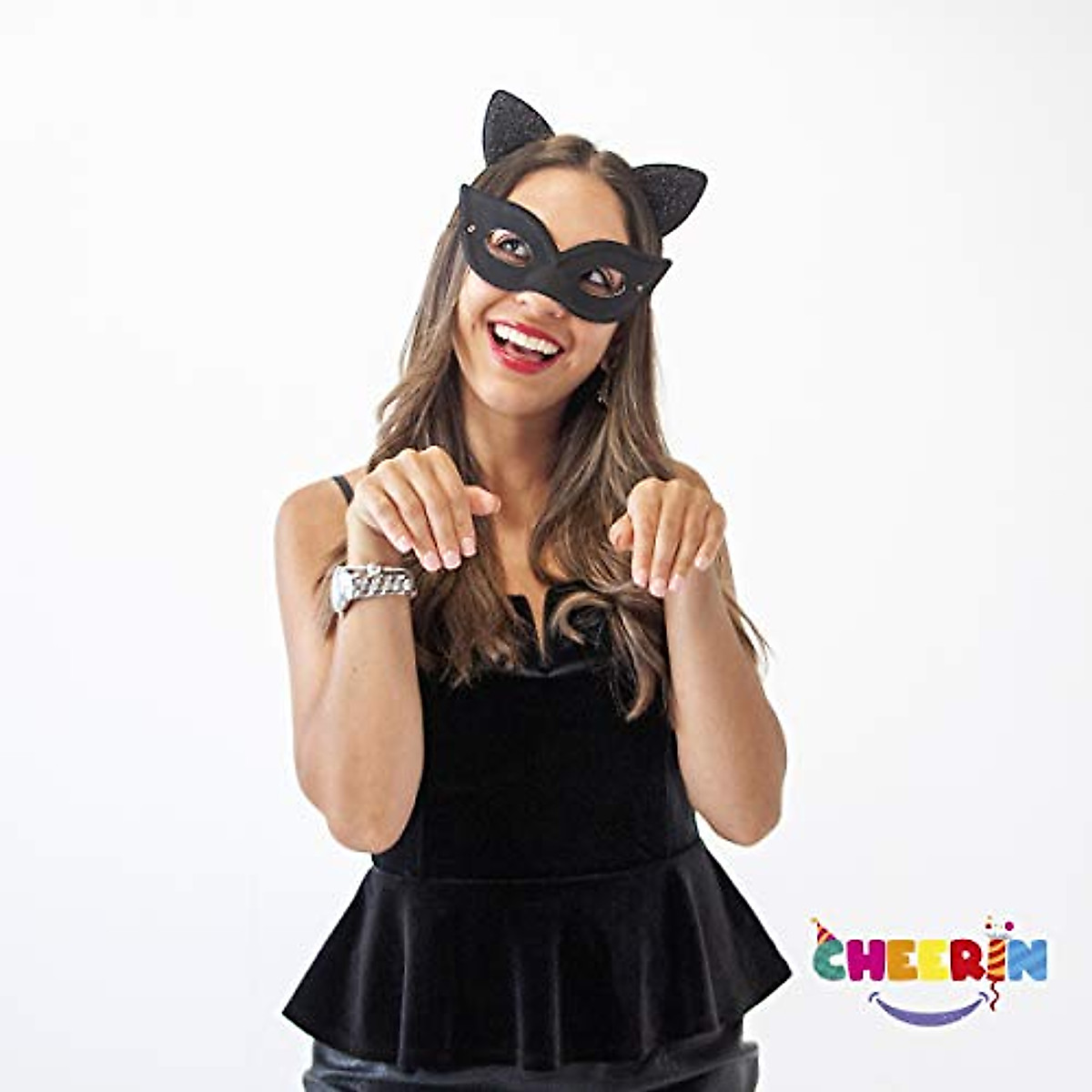 Cheerin Cat Ear Headband with Cat Mask | Glitter Kitty Cat Ears Headband with Black Mask | Halloween Cat Costume accessory for Kids and Adults | Cat themed Party, Christmas, Cosplay Party Costume