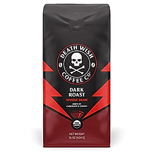 Death Wish Coffee Co., Organic and Fair Trade Dark Roast Whole Bean Coffee, 16 oz