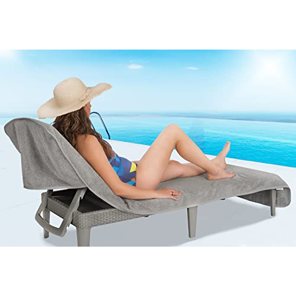 American Soft Linen Chaise Lounge Covers with Pocket, 100% Cotton Pool Chair Lounge Towel, 86"x30" Oversized Beach and Pool Lounge Chair Towel, Gray