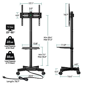 Greenstell TV Stand with Power Outlet, Mobile TV Cart on Wheels for 23-60 inch LED LCD Flat Curved Panel Screens TVs up to 88 lbs, Height Adjustable Rolling TV Stand with AV Shelf, Max VESA 400x400mm