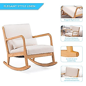 YOLENY Fabric Rocking Chair,Mid-Century Glider Rocker with Padded Seat, with Ottoman,Seat Wood Base,Linen Accent Chair for Living Room,New Beige